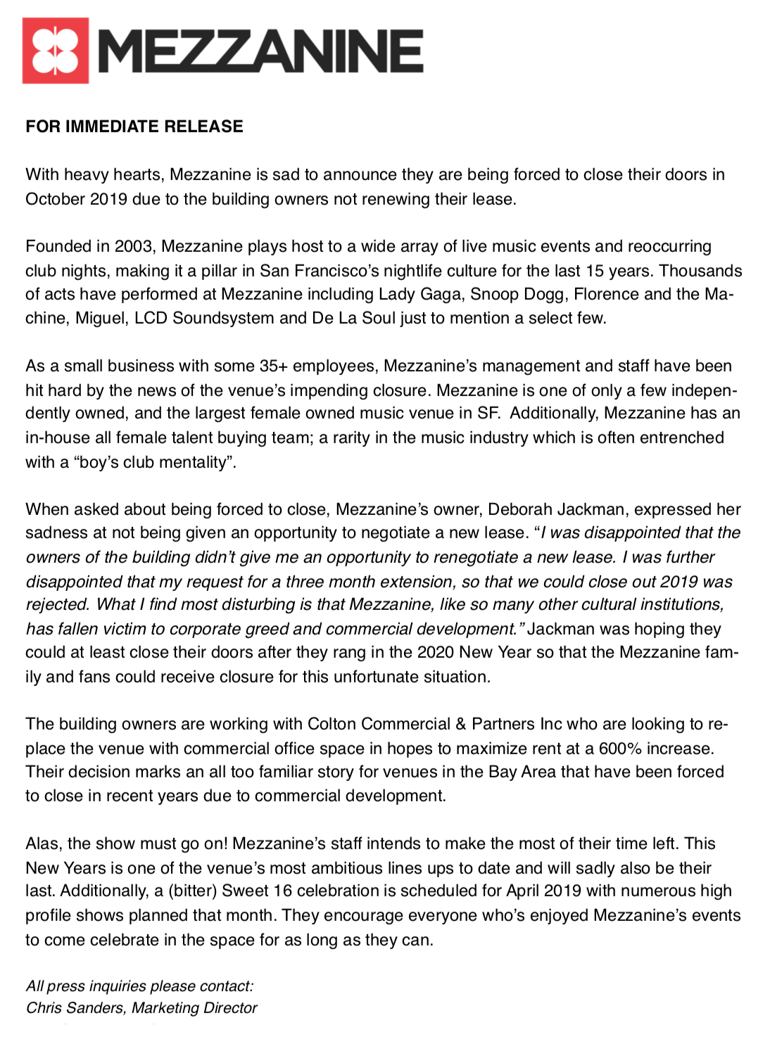 Mezzanine Sf Is Closing